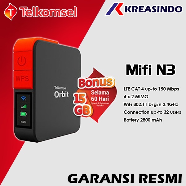 Jual Telkomsel Orbit Mifi N3 HKM M23 Bonus Kuota Modem wifi 4G Garansi ...