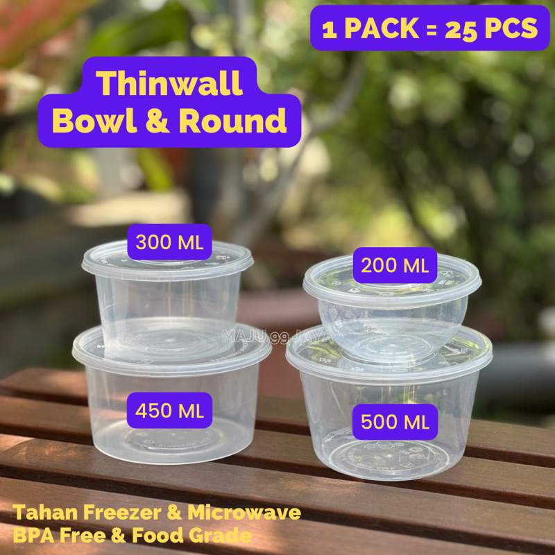 Jual (25 PCS) Thinwall Bowl 200ml 500ml & Round 300ml 450ml Libra Bening Transparan Tebal Bagian ...