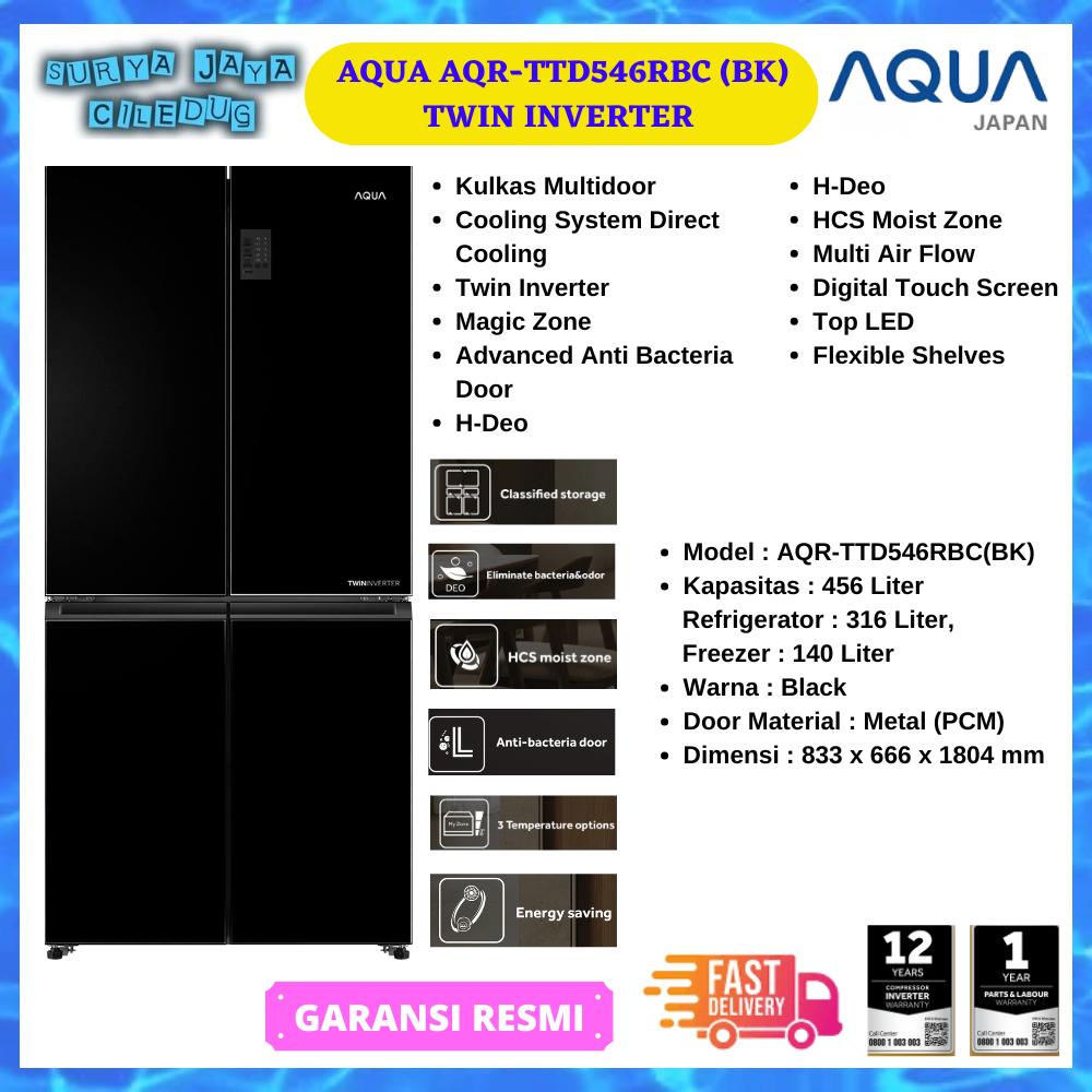Jual KULKAS AQUA AQR-TTD546RBG(BK), 546 RBG SIDE BY SIDE MULTI DOOR ...