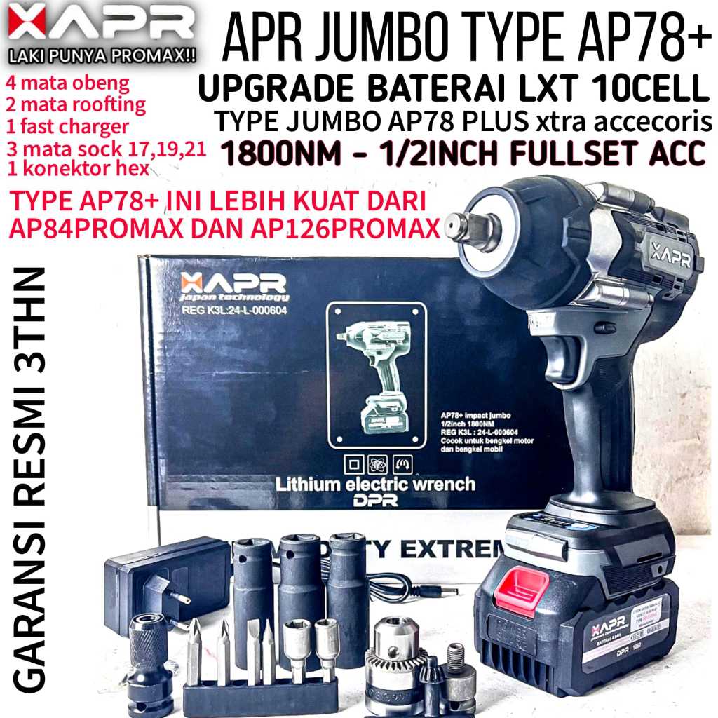 Jual APR RAJA BOR IMPACT WRENCH JUMBO 1/2INCH 1800NM AP78+ PLUS BATERAI ...