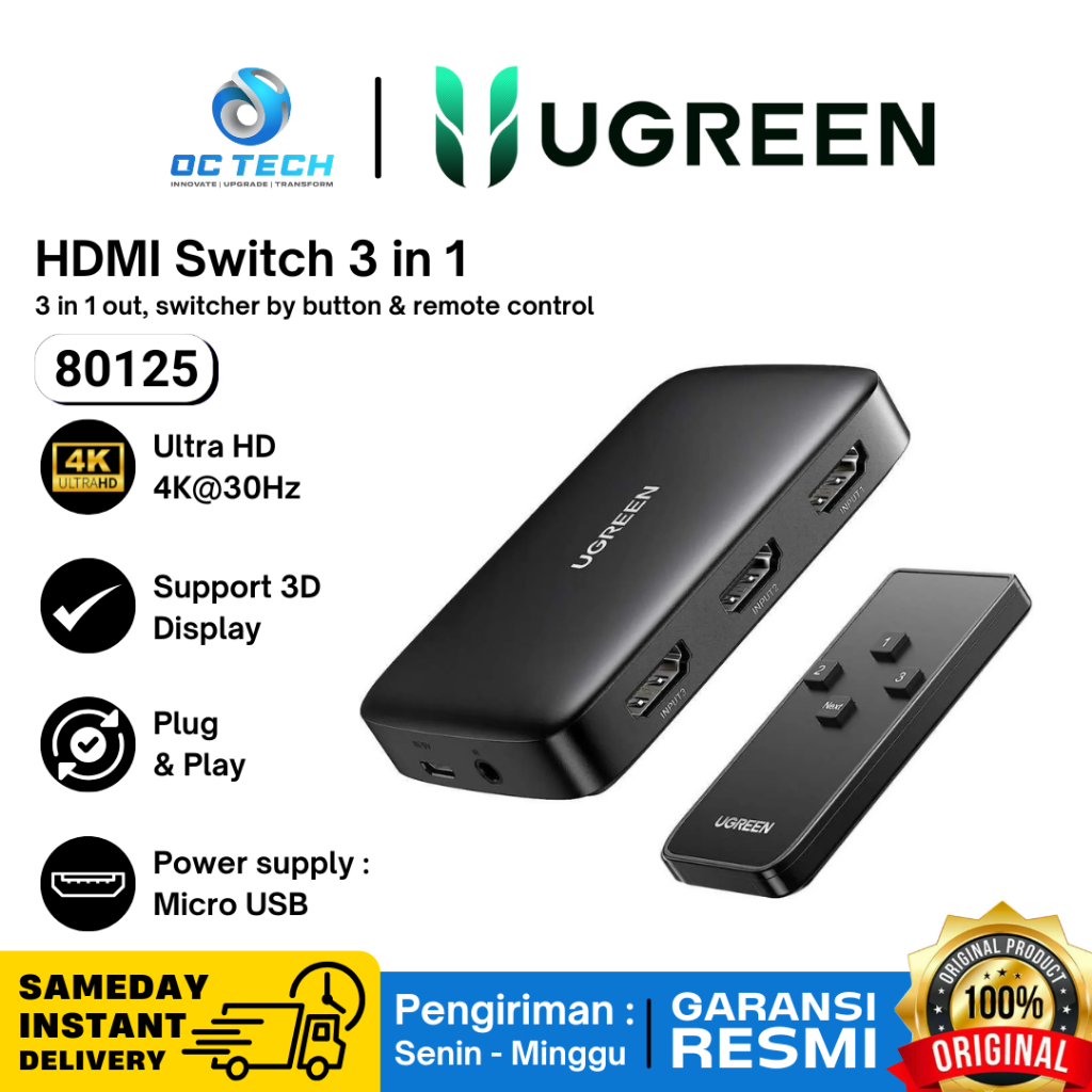 Jual HDMI Switcher 3 In 1 Out Remote 4K 3D Display TV Monitor HDMI Switch Ugreen 80125 Original ...
