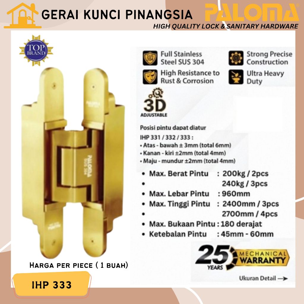 Jual PALOMA Engsel Tanam Invisible Concealed Hinge Pintu Max 200kg/Pair ...