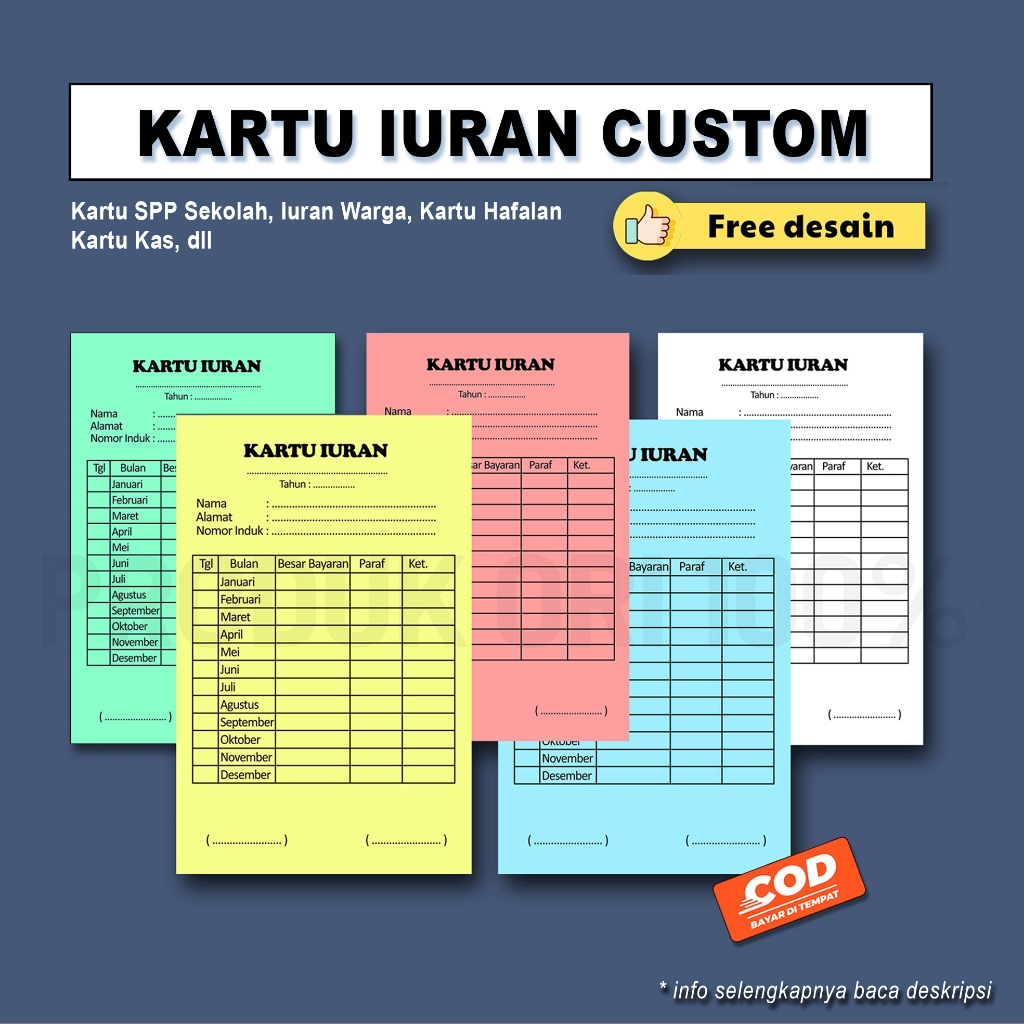 Jual Kartu iuran custom free desain ukuran 1/2 Folio (16 x 21cm ...