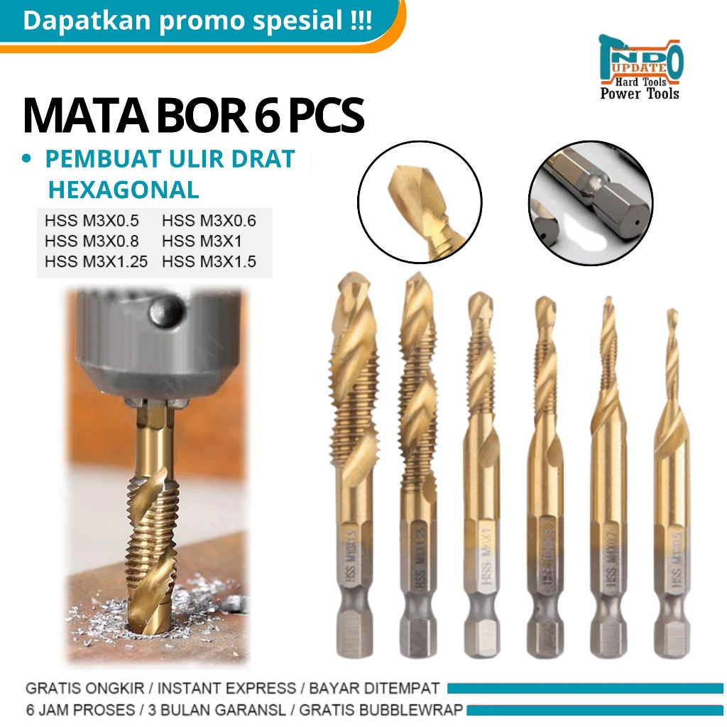 Jual Mata Bor Pembuat Ulir Drat 6Pcs Drill Tap set M3-M10 Hex Twist ...