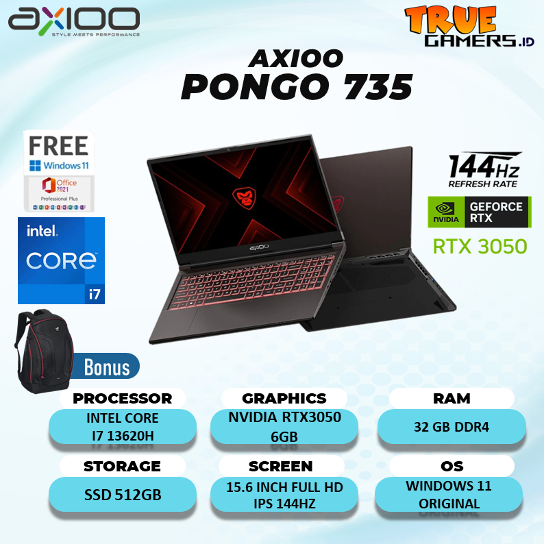 Jual Laptop Gaming Axioo Pongo 735 RTX3050 6GB i7 13620H 32GB 512GB 15 ...