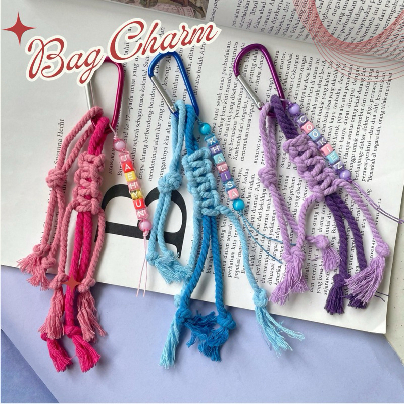 Jual BAG CHARM CUSTOM NAMA TALI MACRAME || Keychain ganci viral gantungan kunci | Shopee Indonesia