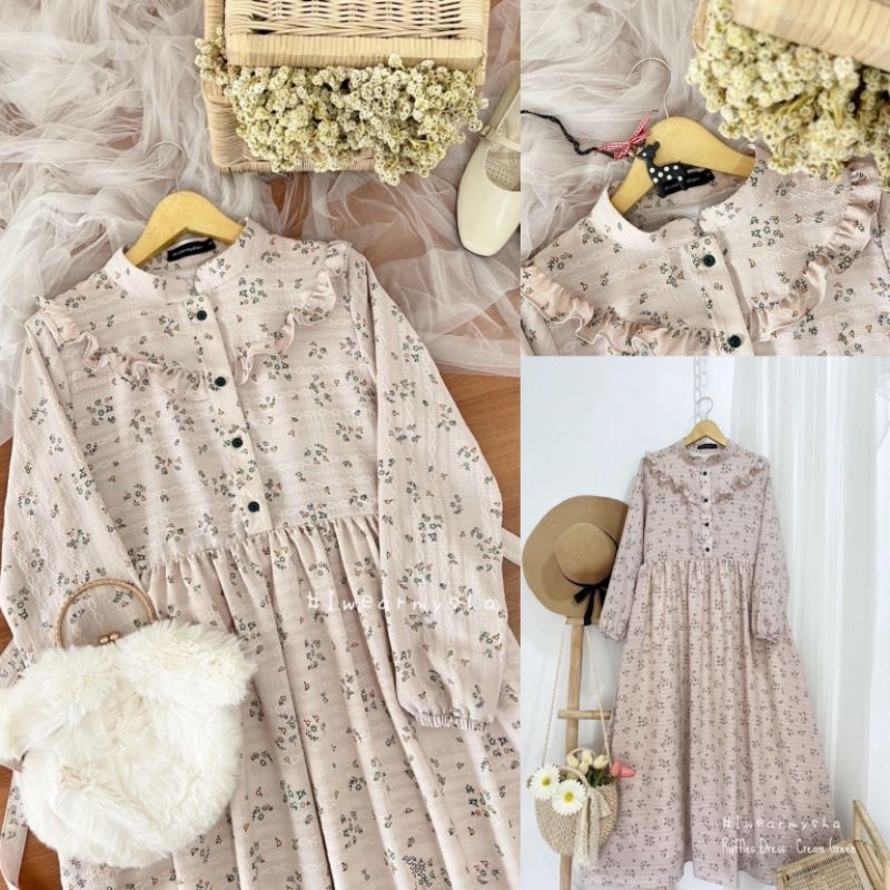 Jual Mysha Iwearmysha Gamis Motif Bunga RUFFLES DRESS : CREAM GREEN ...