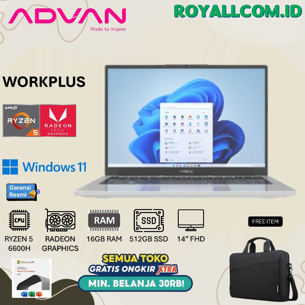 Jual LAPTOP GAMING ADVAN WORKPLUS RYZEN 5 6600H 16GB 512GB W11 14.0FHD ...