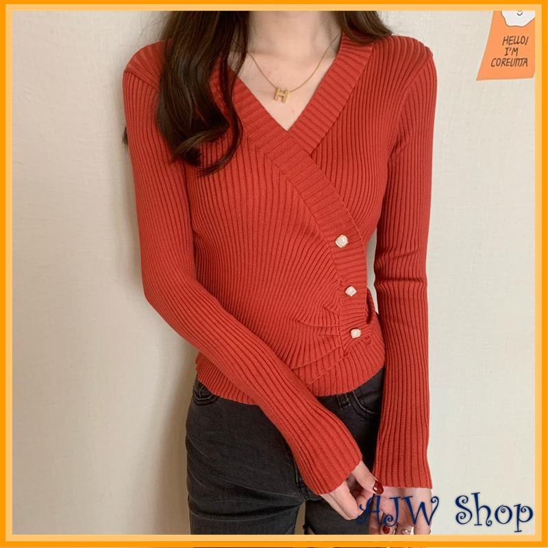Jual AJW Atasan Wanita Kekinian Lengan Panjang Korean Style Rajut Premium Import Vneck ZR ...