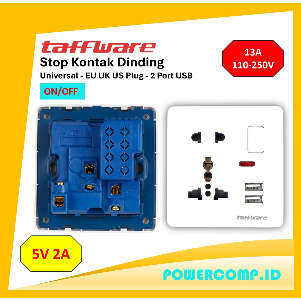 Jual Taffware LC-20 Stop Kontak Universal UK EU US 2 Port USB 5V 2A On Off Switch Soket Listrik ...