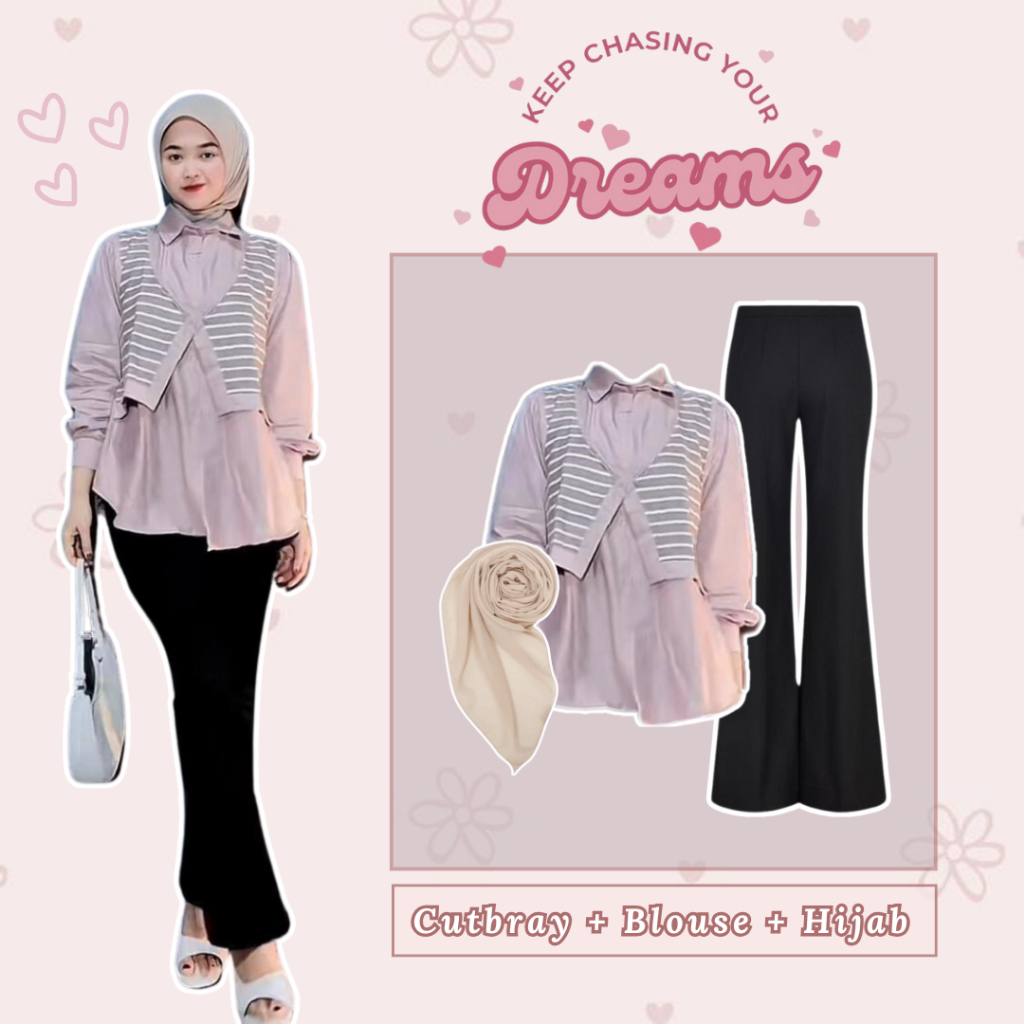 Jual One Set Cutbray Wanita Kekinian 3in1 (Blouse Rompi + Celana Cutbray + Hijab Bella Square ...