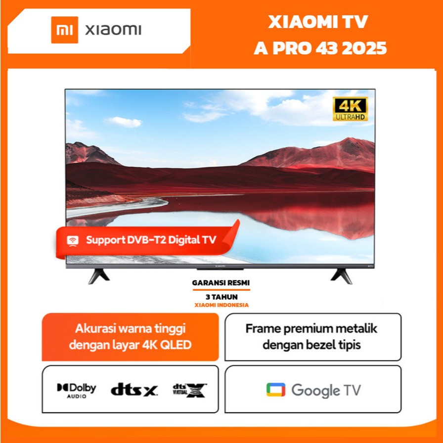 Jual Smart TV Xiaomi Google TV 43" A Pro 4K UHD QLED 2025 HDR10 with Dolby Audio | Shopee Indonesia