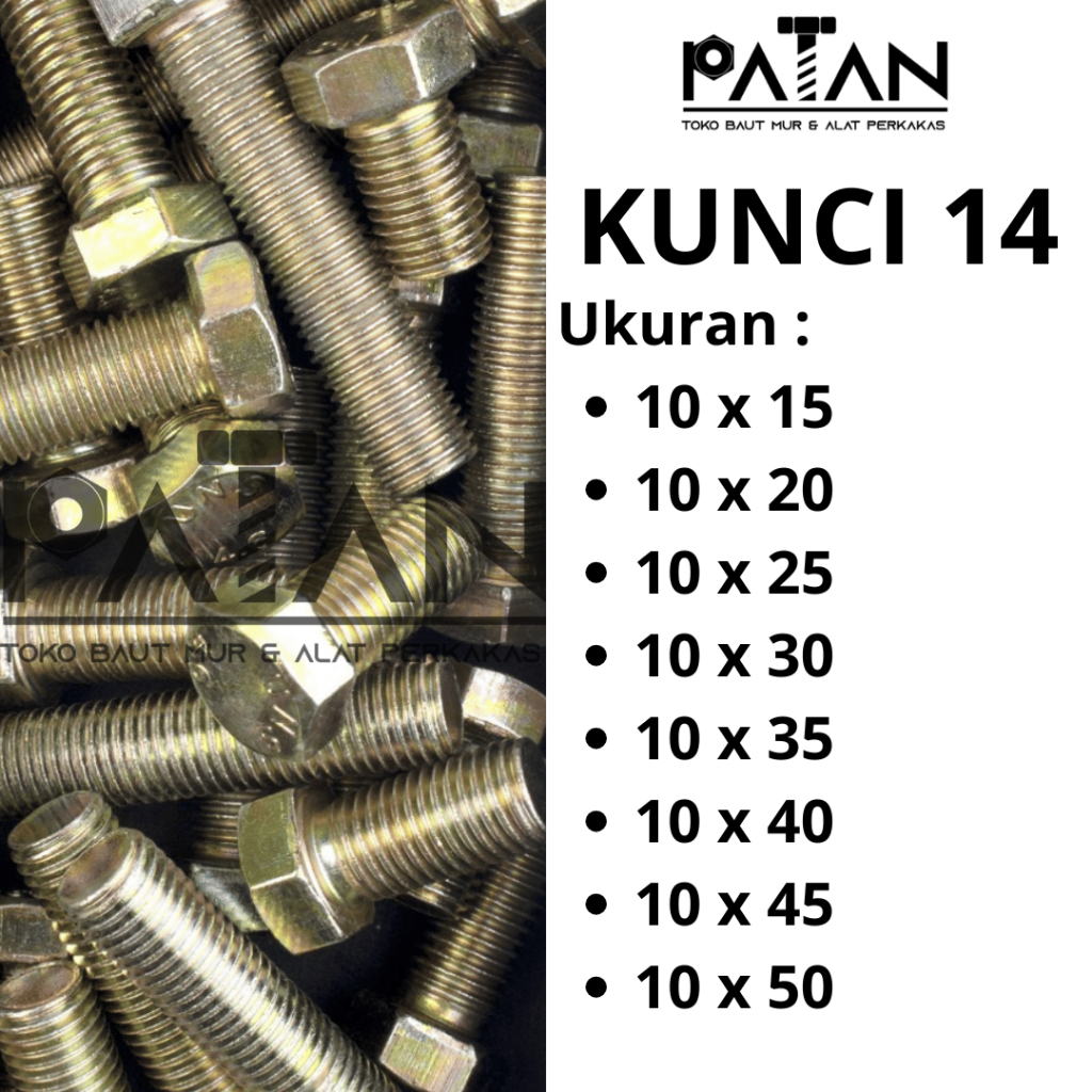 Jual [100pcs] Baut dan Mur Besi M10 (Panjang15-50) Kuning Kunci 14 Drat Pitch 1.25 -Baut siku ...