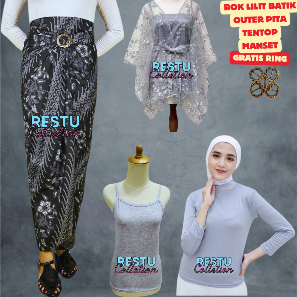 Jual Oneset Rok Lilit Batik Motif Cerry Silver/ Outer Pita Silver dan Manset Wanita Kekinian ...