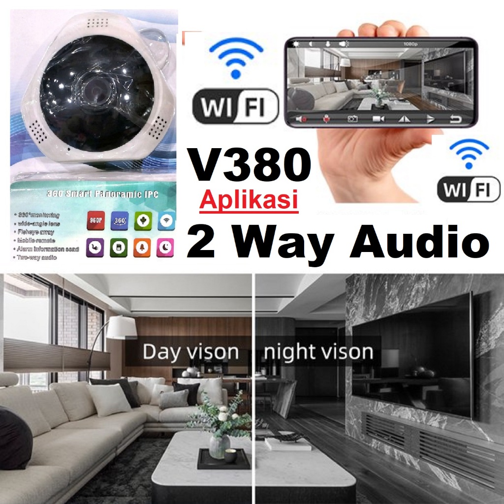 Jual IP Camera Wifi -CCTV Fish Eye 180 Derajat 2Way Audio Aplikasi V380 ...