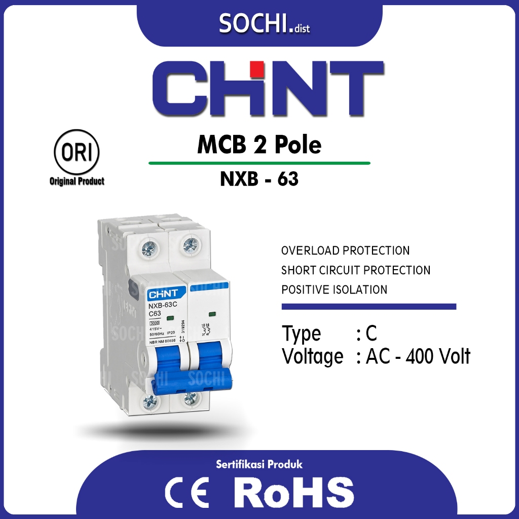 Jual CHINT MCB 2P / 2 Pole NXB-63 AC 400V - CE ROHS | Shopee Indonesia