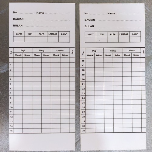 Jual Kartu absensi manual (isi 100 lbr) / kartu ceklok amano kartu ...