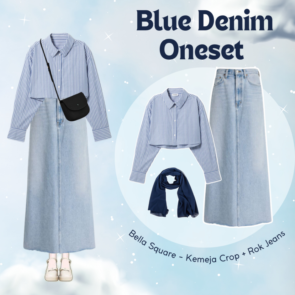 Jual BLUE DENIM ONESET 3IN1 - Outfit Korean Look ( Rok Jeans + Kemeja Crop + Hijab Bella Square ...