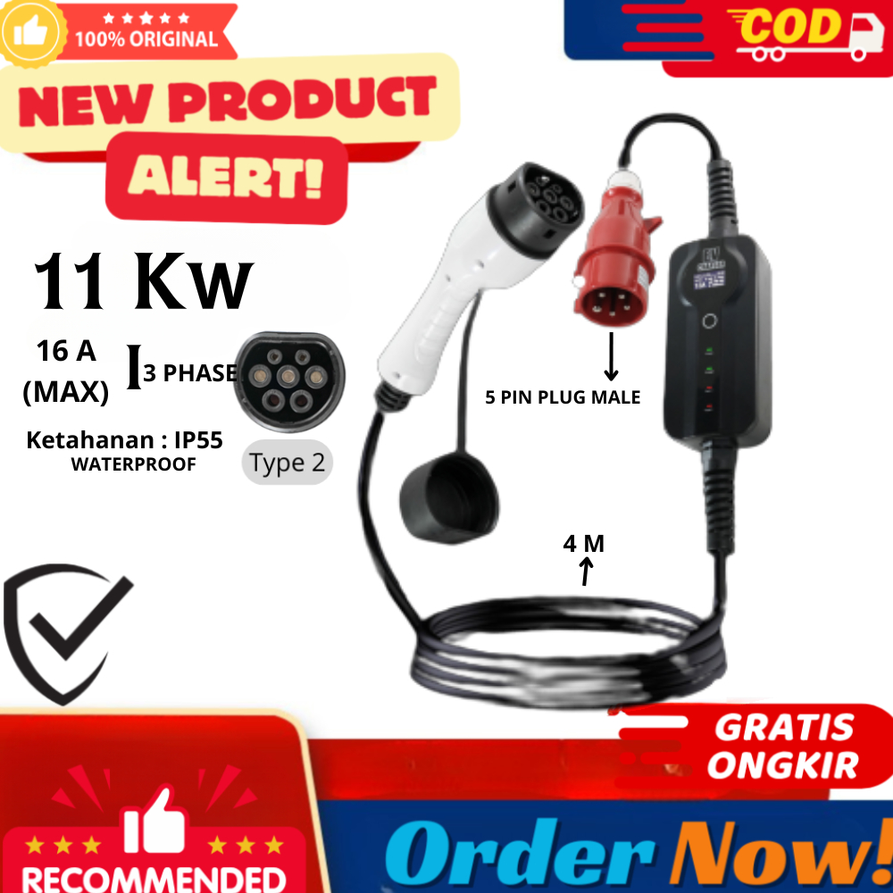 Jual Yeeda Charger Mobil Listrik 3-Phase 16A 11kW Male 5 Pin to Type 2 ...