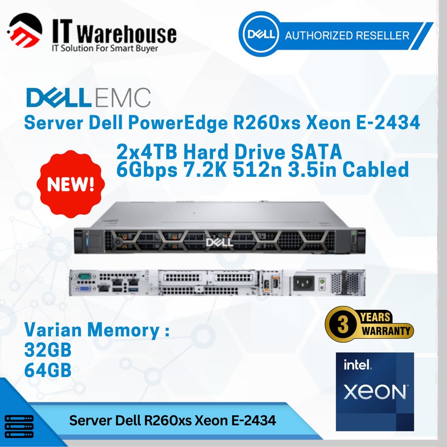 Jual Server Dell R260 Xeon 4 Core E-2434 32GB/64GB DDR5/2x4TB SATA HDD ...