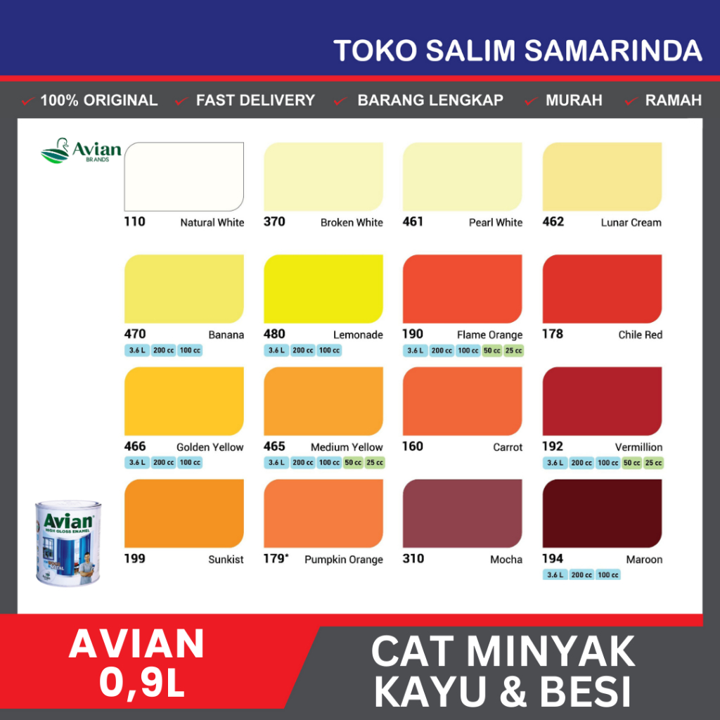 Jual Cat Minyak Kayu dan Besi 0,9L 1KG AVIAN Warna Lengkap (Aneka warna ...