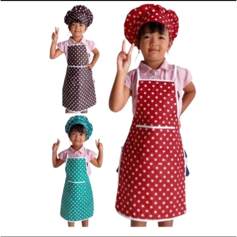 Jual Celemek Anak Set / Apron Anak Motif Polkadot Plus Topi Koki / Topi ...