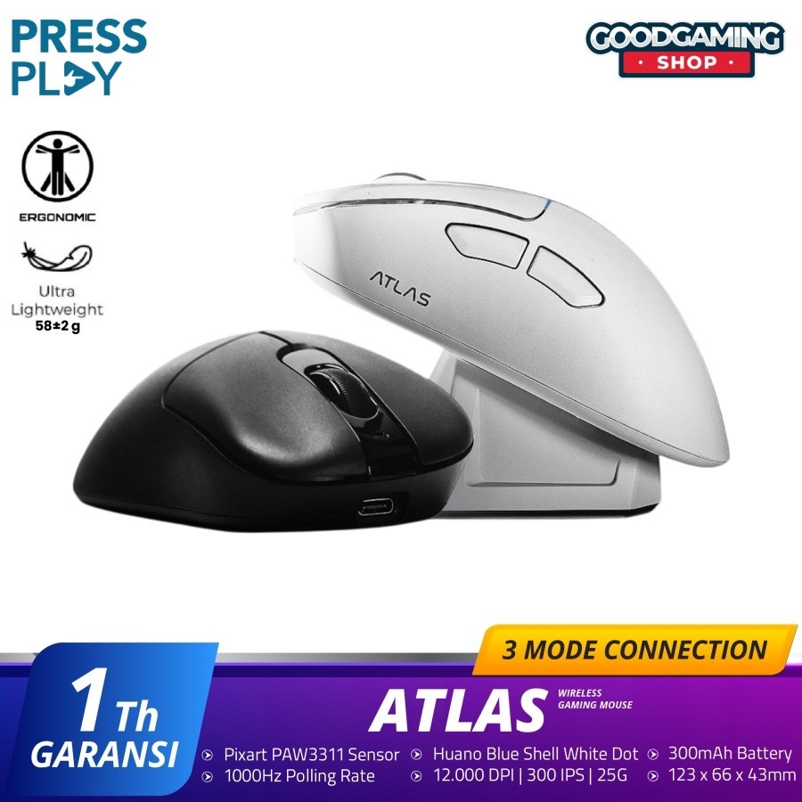 Jual Press Play ATLAS / PressPlay ATLAS Gaming Mouse 3 mode PAW3311 1000Hz Docking - Gaming ...