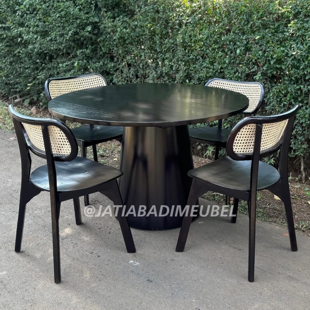 Jual Set Meja Makan Bundar Bulat Kayu Jati Rotan Minimalis, Set Meja Kursi Makan Rotan Jati ...