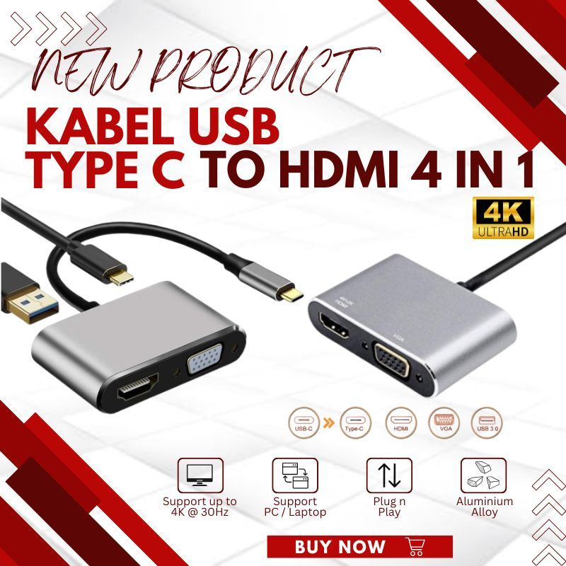 Jual USB TYPE C TO HUB PD 4 IN 1 HUB Adapter USB Type C to HDMI & VGA ...