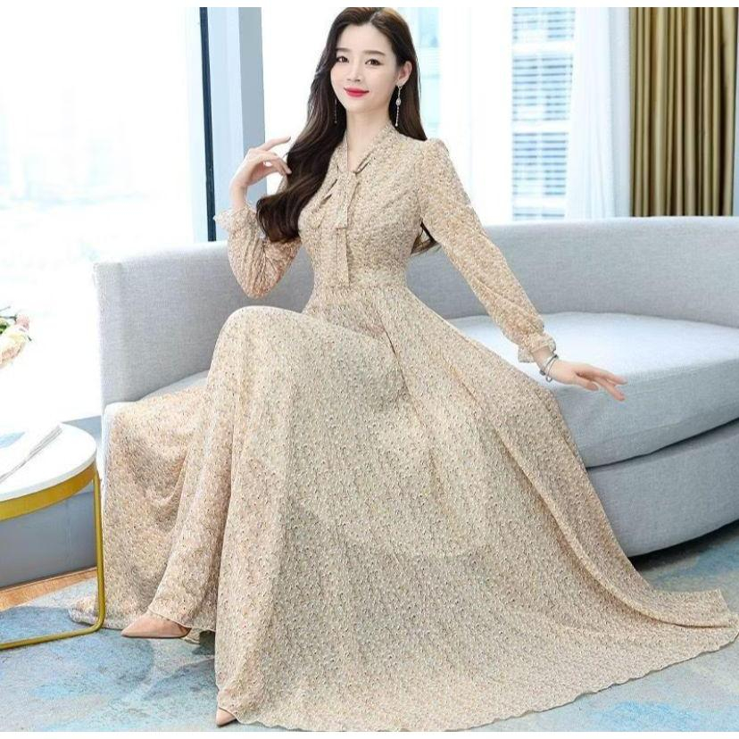 Jual [NUSAYBAH] maxi dress lengan panjang motif bunga bahan sifon hijab ...