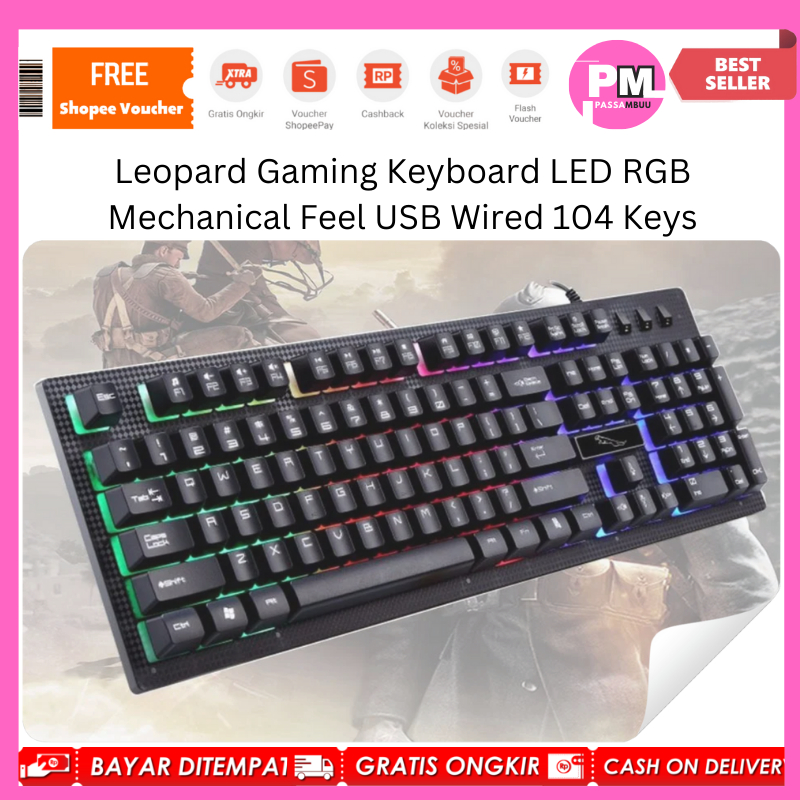 Jual Leopard Gaming Keyboard LED RGB Mechanical Feel USB Wired 104 Keys ...