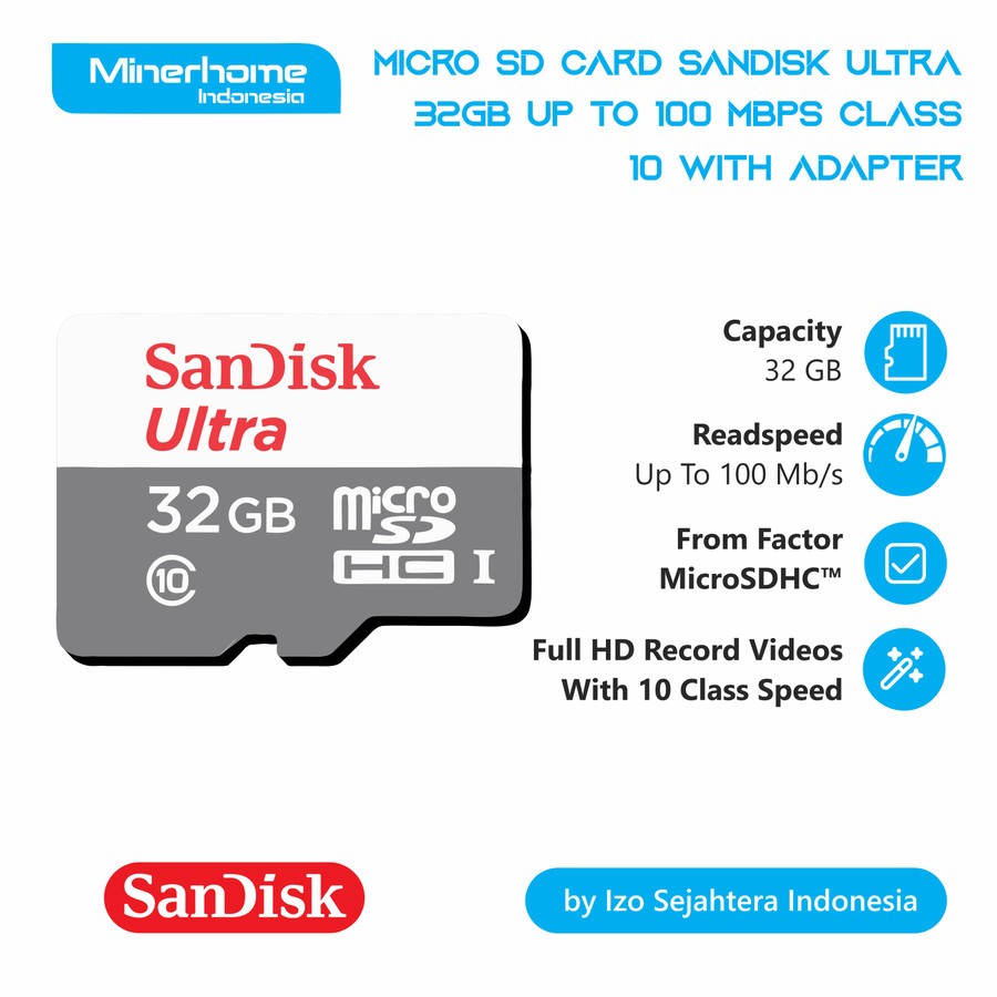 Jual Micro SD Card SanDisk Ultra 32Gb Class 10 With Adapter Up to 100Mbps | Shopee Indonesia