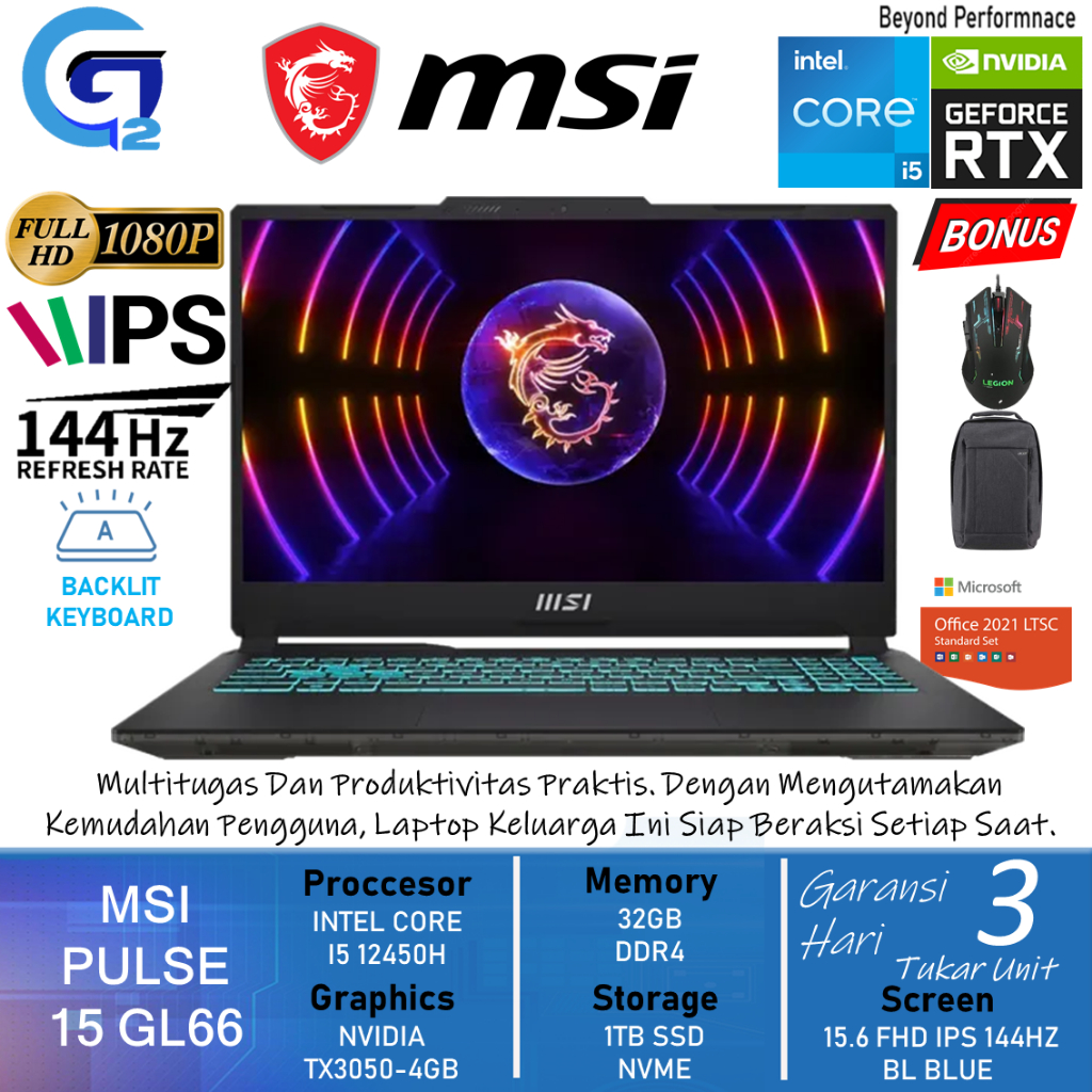 Jual Laptop GAMING MSI PULSE GL66 Intel Core i5 12450H 32GB 1TB SSD ...