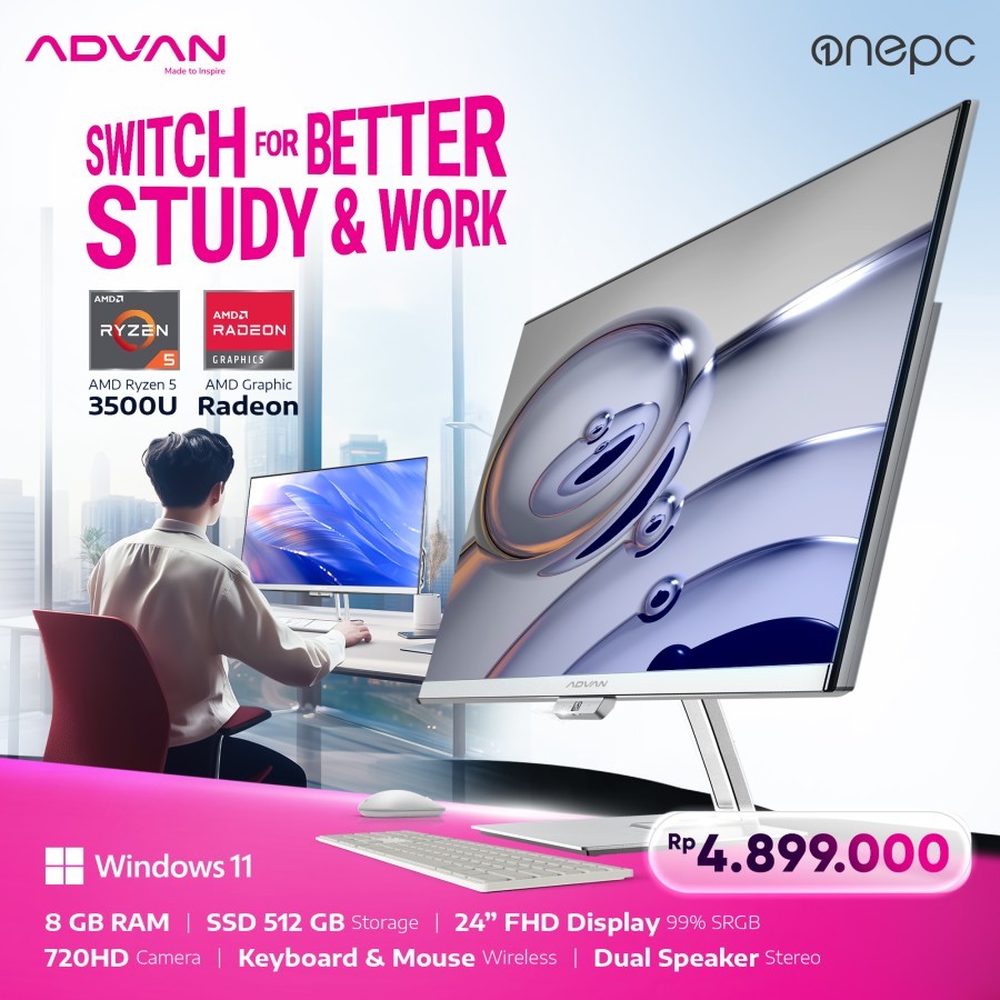 Jual Advan OnePC AIO All-in-One Desktop 24" inch AMD Ryzen 5 3500U FHD ...