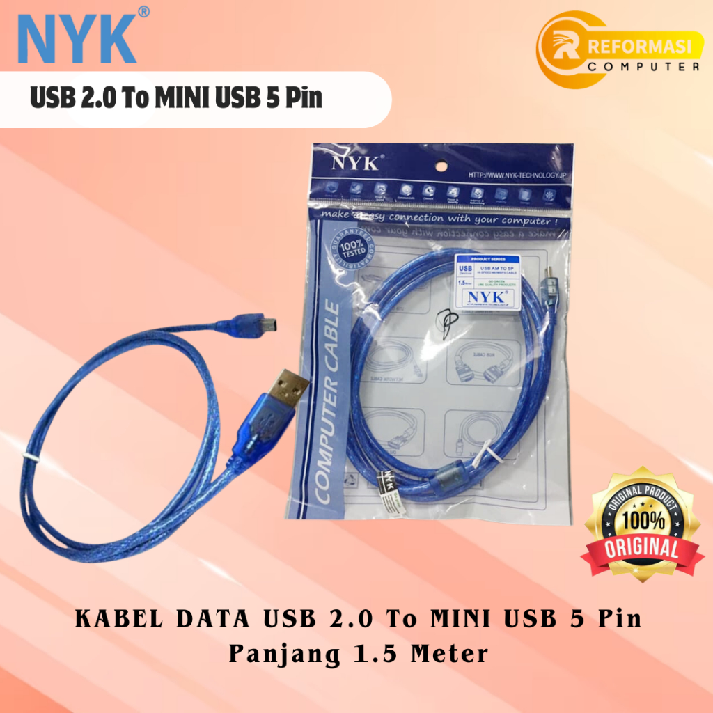 Jual NYK KABEL DATA USB 2.0 To MINI USB 5 Pin Panjang 1.5 Meter ...