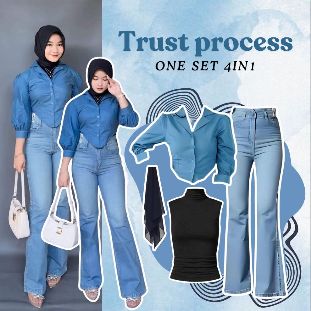 Jual OOTD One Set Perempuan 4in1 OOTD Hijab Kemeja Puff Inner Turtleneck Cutbray Loose Jeans ...
