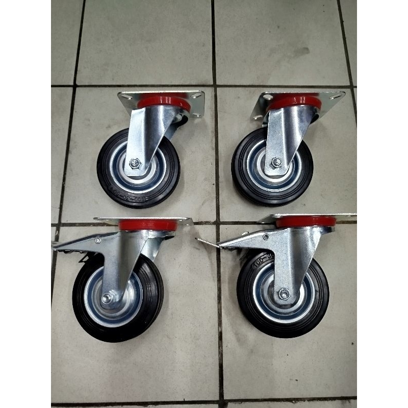 Jual RKS - Roda 4" inch Karet 1set ( 4pcs ) ( 2 Hidup + 2 Rem ) Roda ...