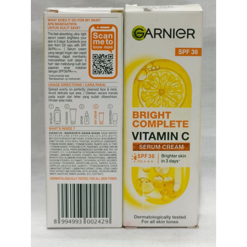 Jual Garnier Bright Complete Vitamin C Serum Cream SPF 36 PA+++ 20 ml | Shopee Indonesia