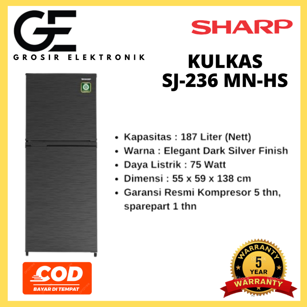 Jual Kulkas 2 Pintu Sharp SJ-236 MN-HS No Frost Low Watt Garansi Resmi ...