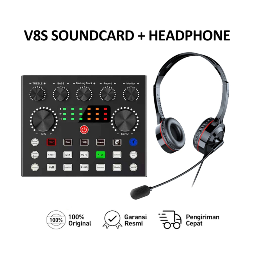 Jual V8S sound card singing recording professional live broadcast equipment with live broadcast ...