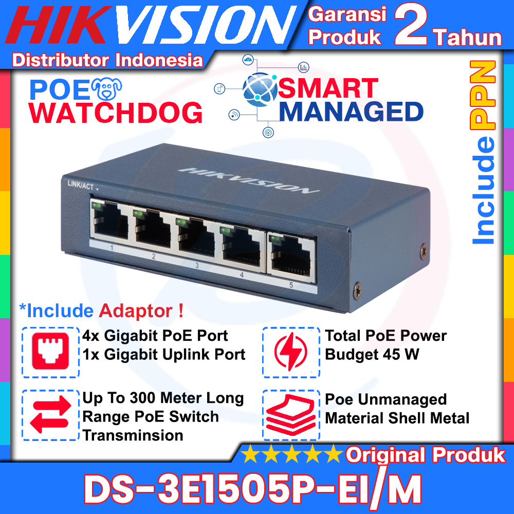 Jual Poe CCTV 4 Port Hikvision DS-3E1505P-EI/M Gigabit Support Smart Managed | Shopee Indonesia