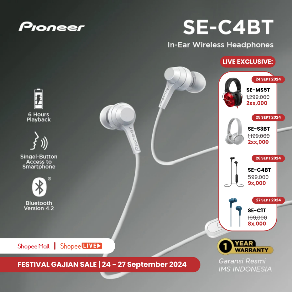Jual Pioneer Earphone Bluetooth Se C4bt Shopee Indonesia