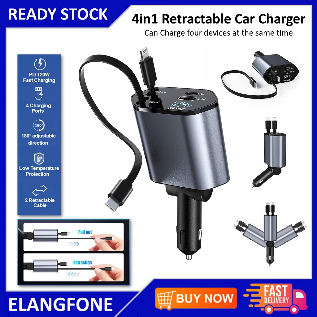 Jual Retractable Car Charger Colokan Mobil 4 Ports PD 120W USB Type C ...