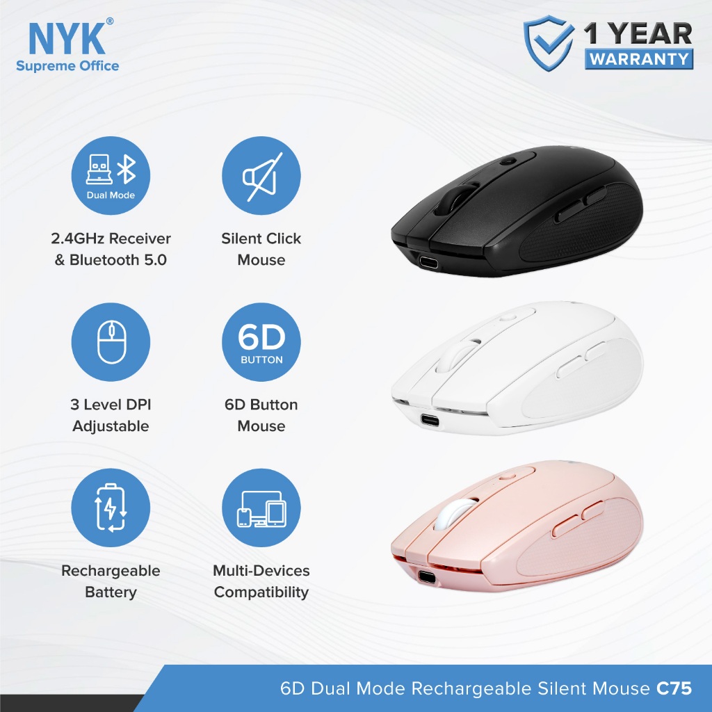 Jual NYK Mouse C75 Silent Click Dual Mode Bluetooth Wireless ...