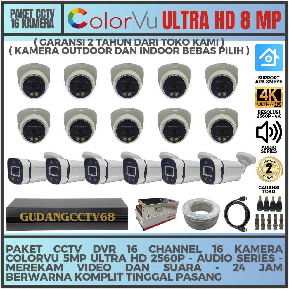 Jual PAKET CCTV 16 CHANNEL 16 CAMERA 8MP COLORVU ULTRA HD 4K 2560P ...
