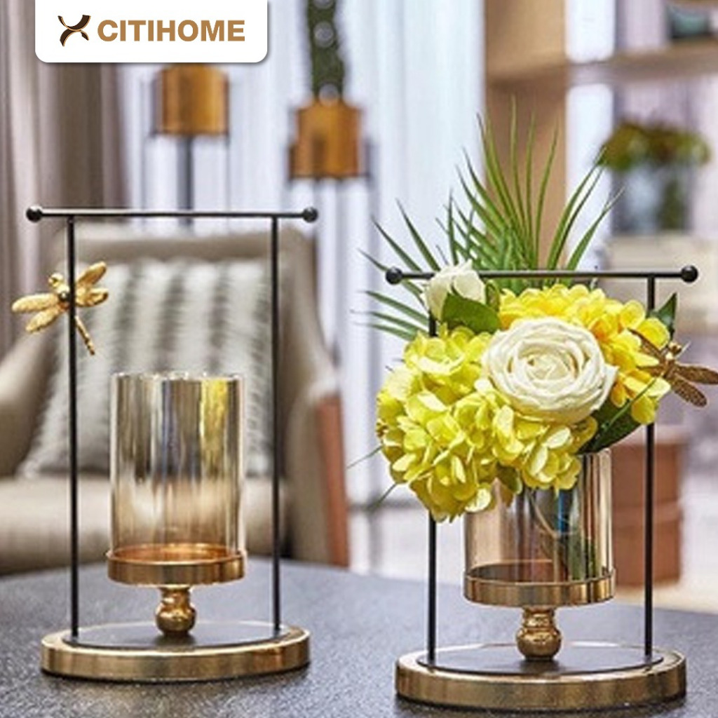 Jual Tempat Lilin Kaca Amber dengan Stand Emas dan Hiasan Capung Elegan ...
