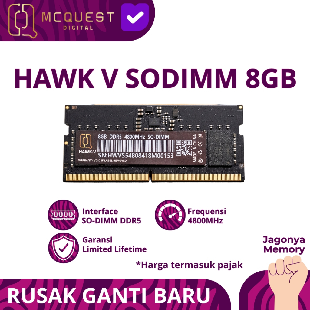 Jual McQuest Hawk-V Sodimm DDR5 PC38400 4800Mhz 8GB - Memory Ram Laptop ...