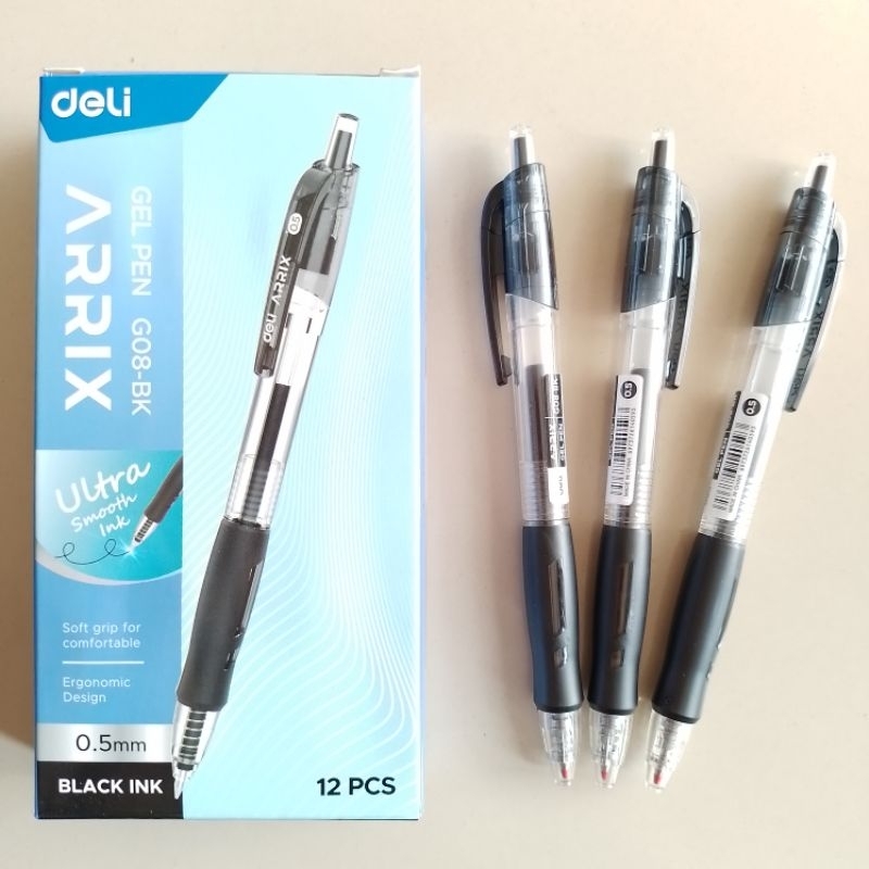 Jual Pulpen Gel Pen DELI Retractable G-08 Hitam 0,5mm ( 12 Pcs ...