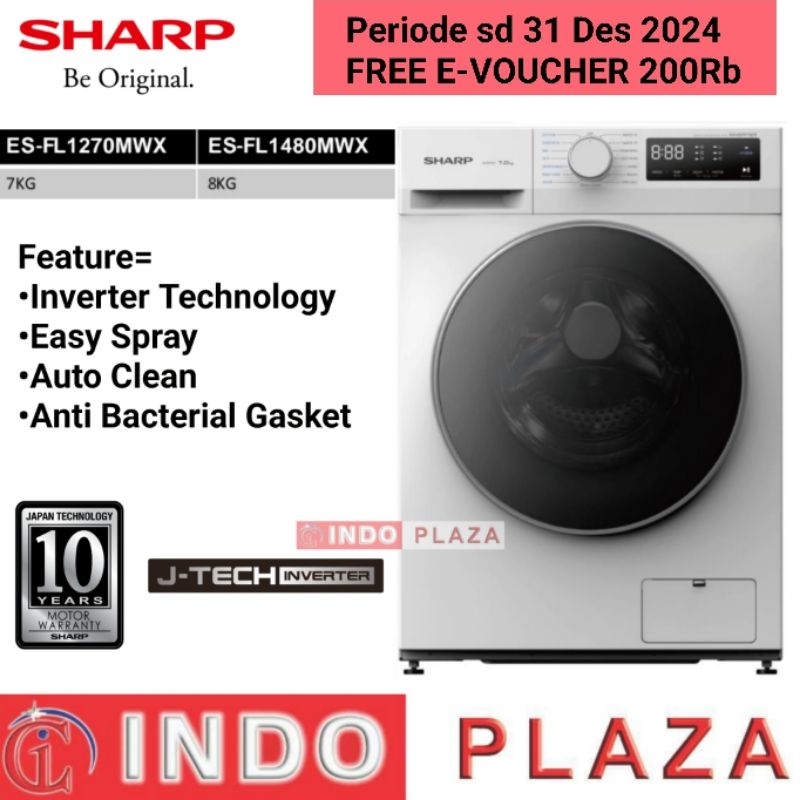 Jual MESIN CUCI FRONT LOADING SHARP JTECH INVERTER 7 Kg ES-FL1270MWX ...