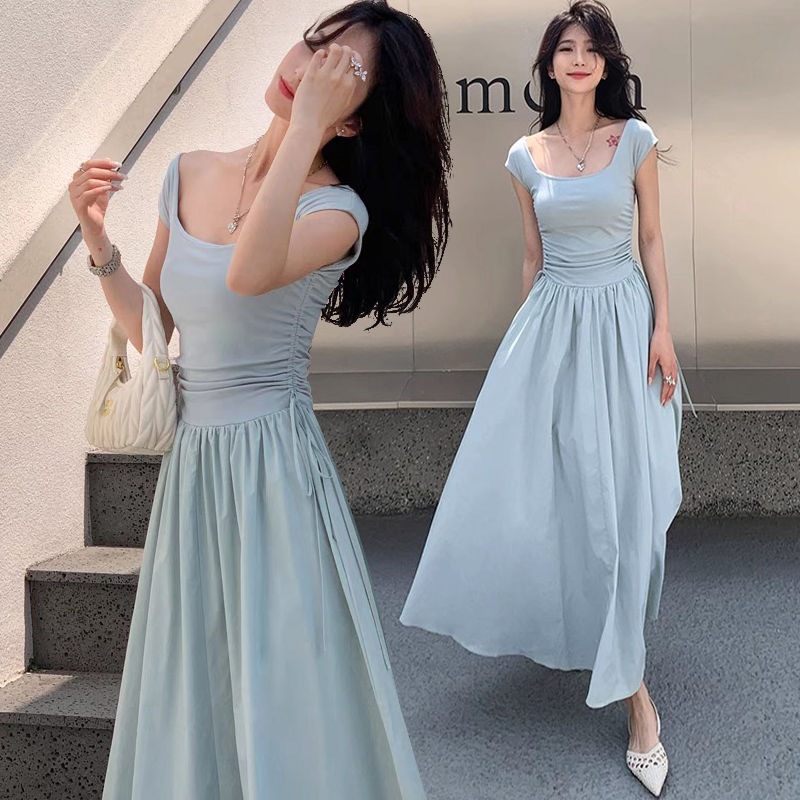 Jual Gaun Prancis Gaun biru Pakaian Wanita Dress Long Dress Gaun pendek ...